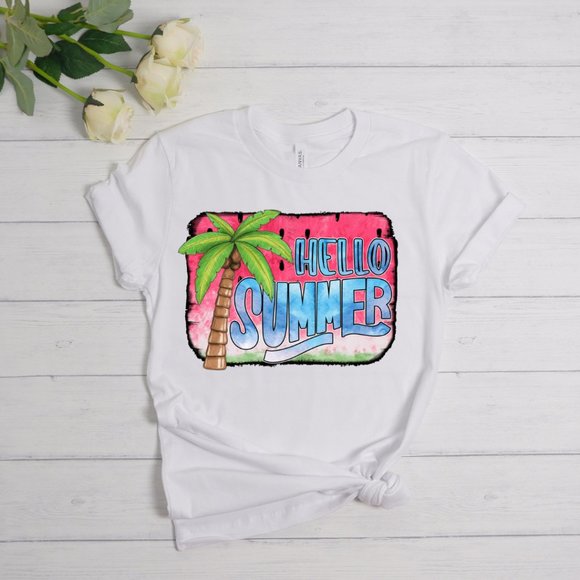 Tops | Hello Summer Shirt Cute Summer Tee Palm Tree Shirt Watermelon ...